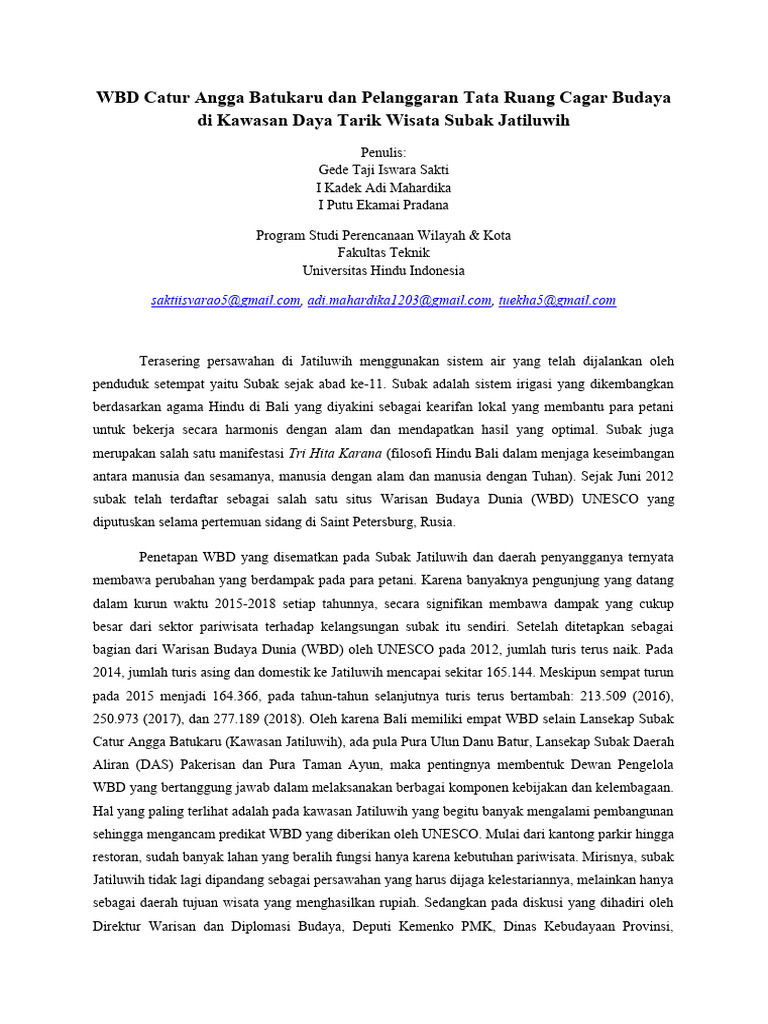 WBD Catur Angga Batukaru Dan Pelanggaran Tata Ruang Cagar Budaya Di Kawasan Daya Tarik Wisata ...