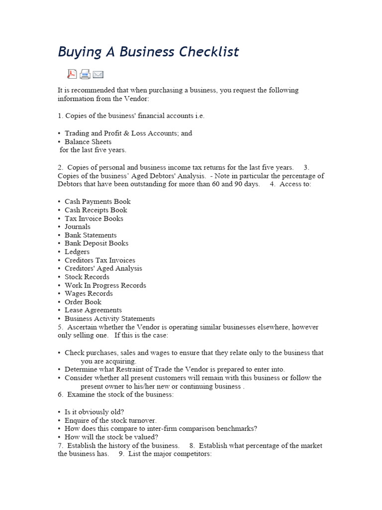 Buying A Business Checklist | PDF | Stocks | Lease