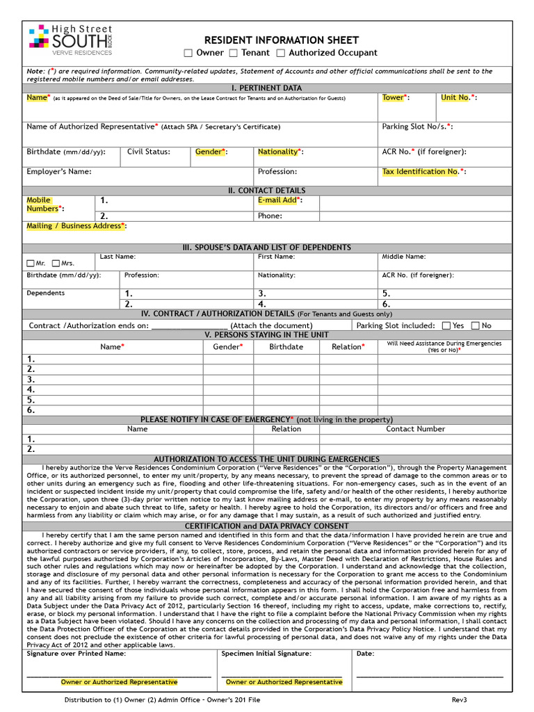 Resident Info Sheet 2023 | PDF | Privacy | Information Privacy