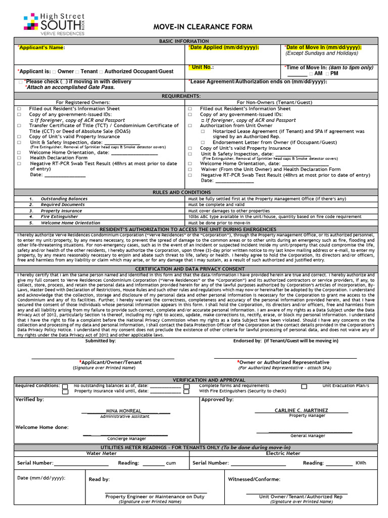 Move-In Clearance Form Instructions | PDF | Corporations | Information