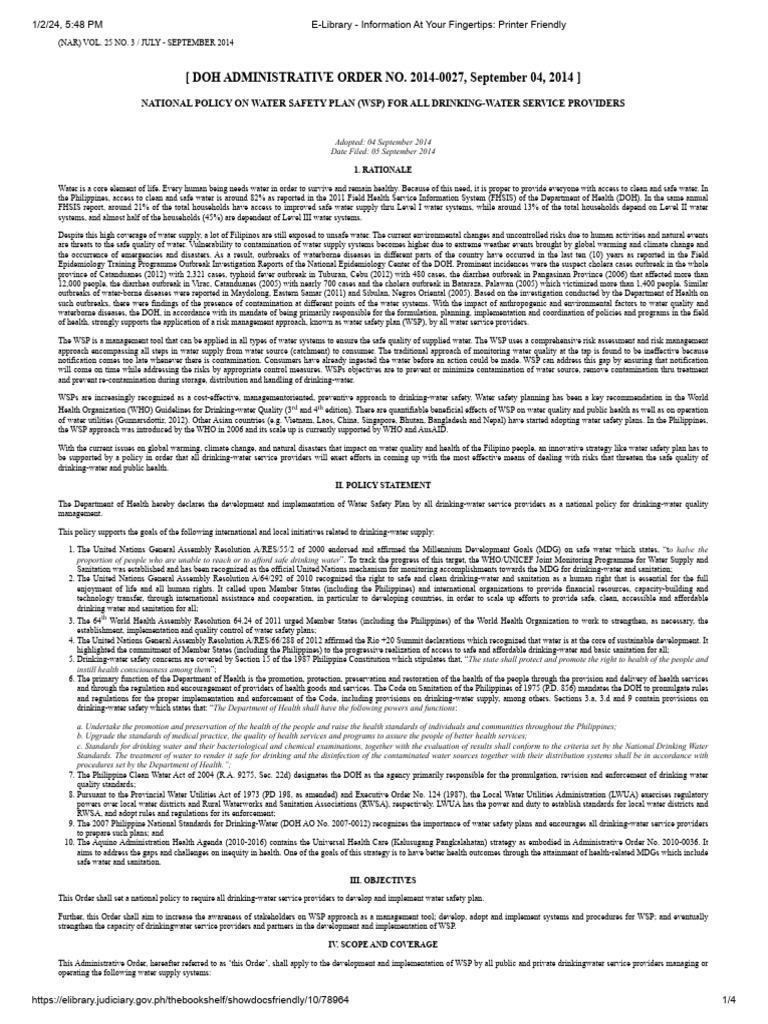 DOH Administrative Order No. 2013-0027 - National Policy On Water ...