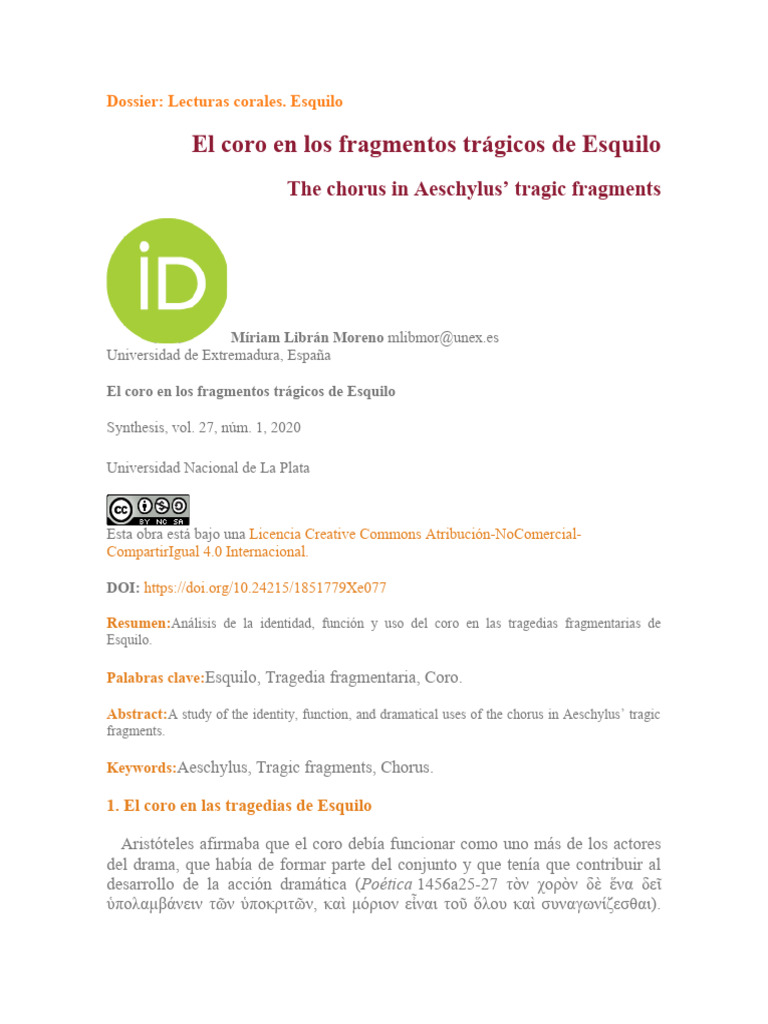 El Coro en Los Fragmentos Trágicos de Esquilo | Descargar gratis PDF | Tragedia griega | Esquilo