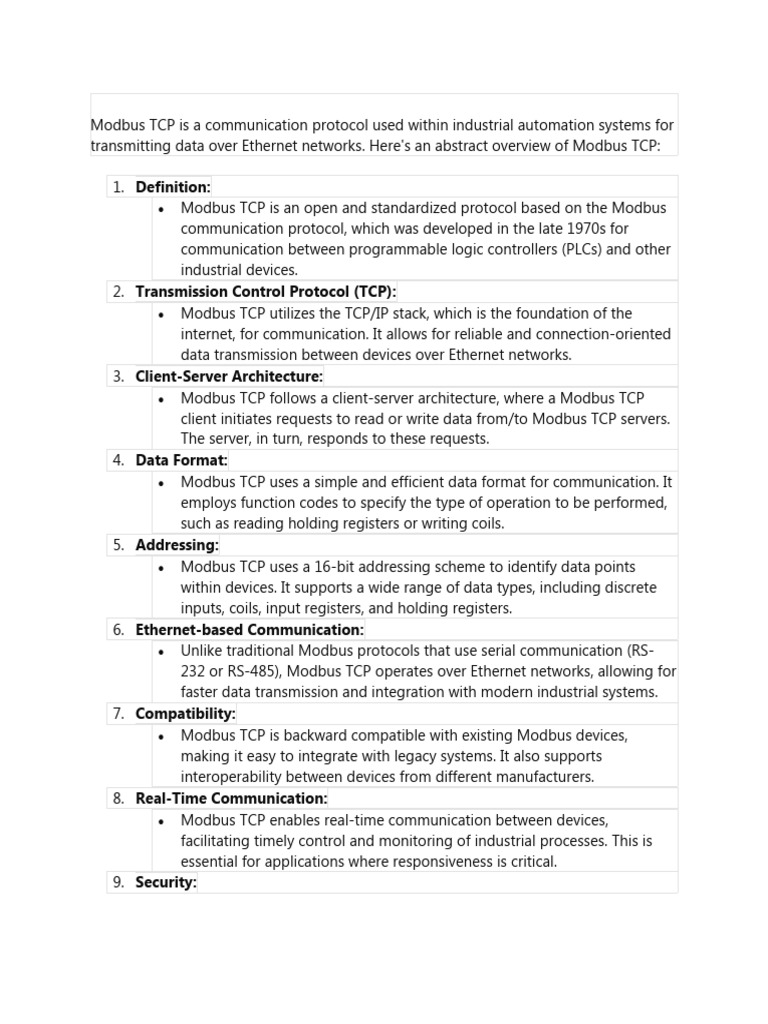 Modbus Tcp Is A Communication Protocol Used Within Industrial Automation Systems For