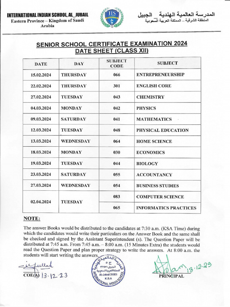 Cbse Board Exam Timetable - Class Xii - 2023-24 | PDF