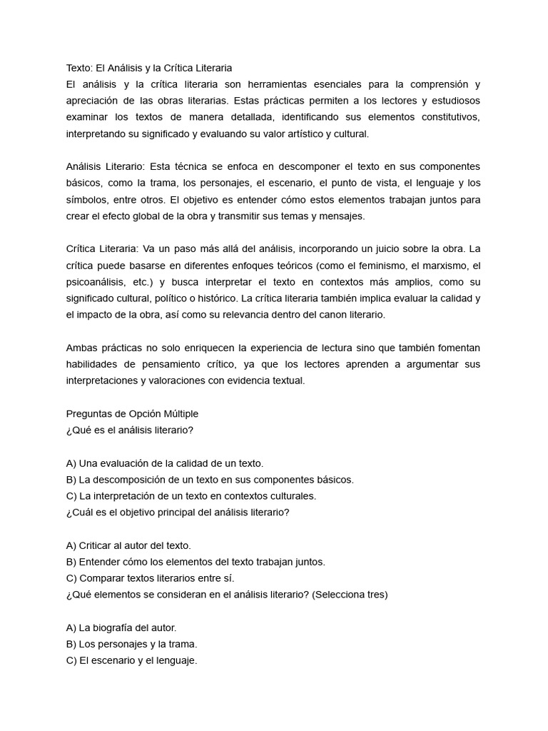Texto - El Análisis y La Crítica Literaria | PDF | Análisis | Crítica