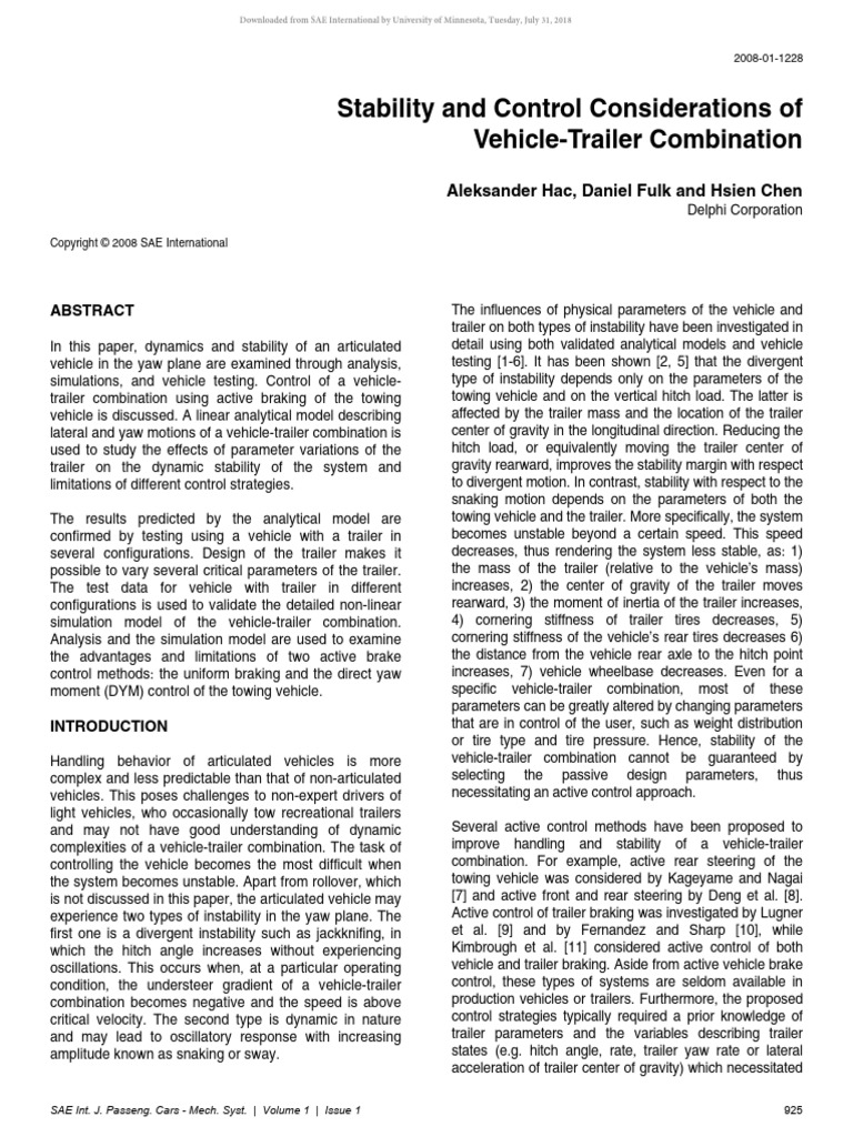 Stability and Control Considerations of Vehicle - Trailer Combinations ...