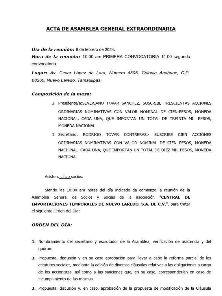 Modelo de Acta de Asamblea | PDF | Junta Directiva | Gobierno