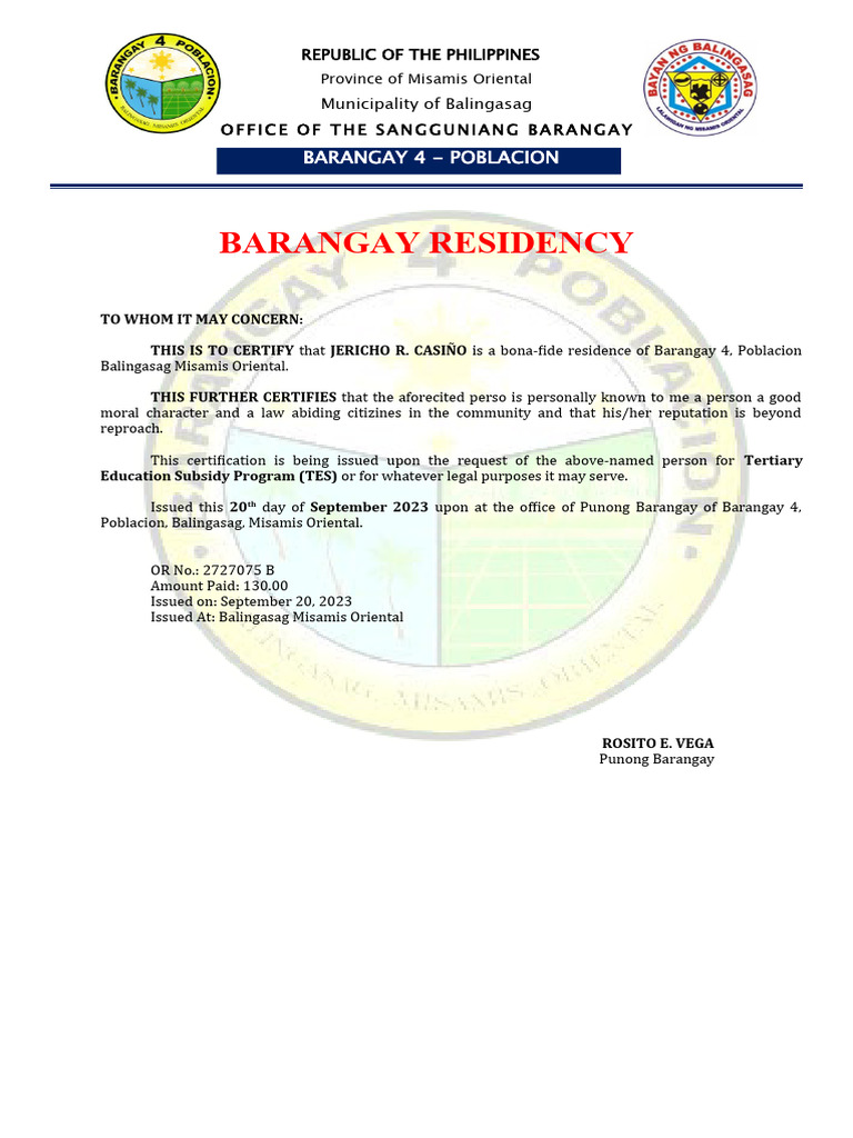 Barangay Certification On Residency | PDF | Social Science