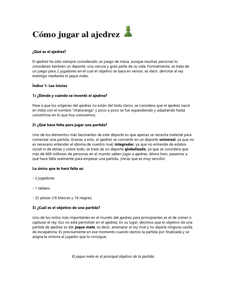 Cómo Jugar Ajedrez: Guía para Principiantes | PDF | Ajedrez ...