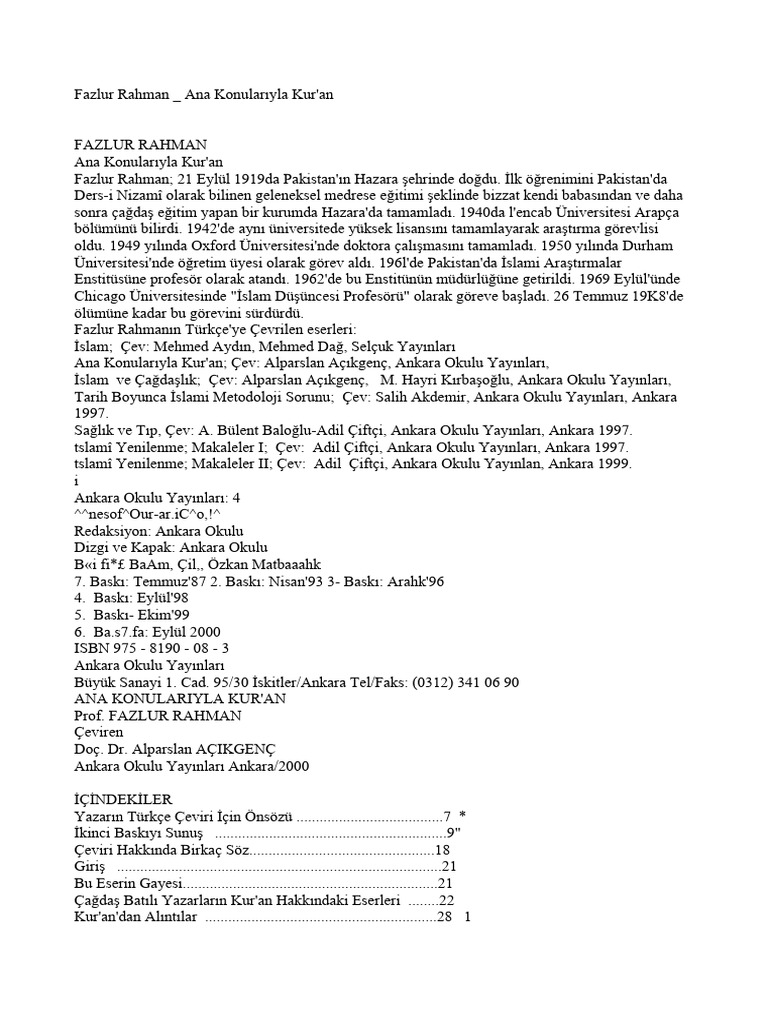 Fazlur Rahman - Ana Konularıyla Kur'An | PDF