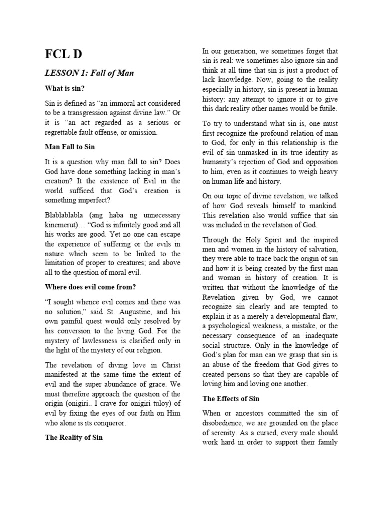 FCL D: LESSON 1: Fall of Man | PDF | Sin | Adam And Eve