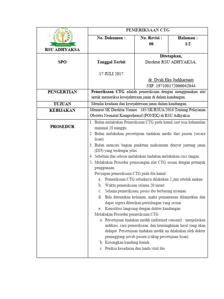 Prosedur Pemeriksaan CTG di RSU Adhyaksa | PDF