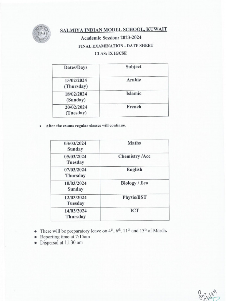 Final Examination Timetable - Date Sheet Class IX IGCSE | PDF