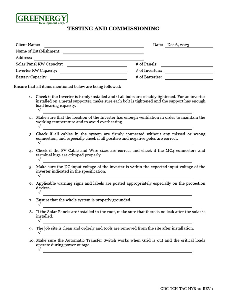 Testing and Commissioning Forms Hybrid or Off Grid FINAL | PDF | Power ...
