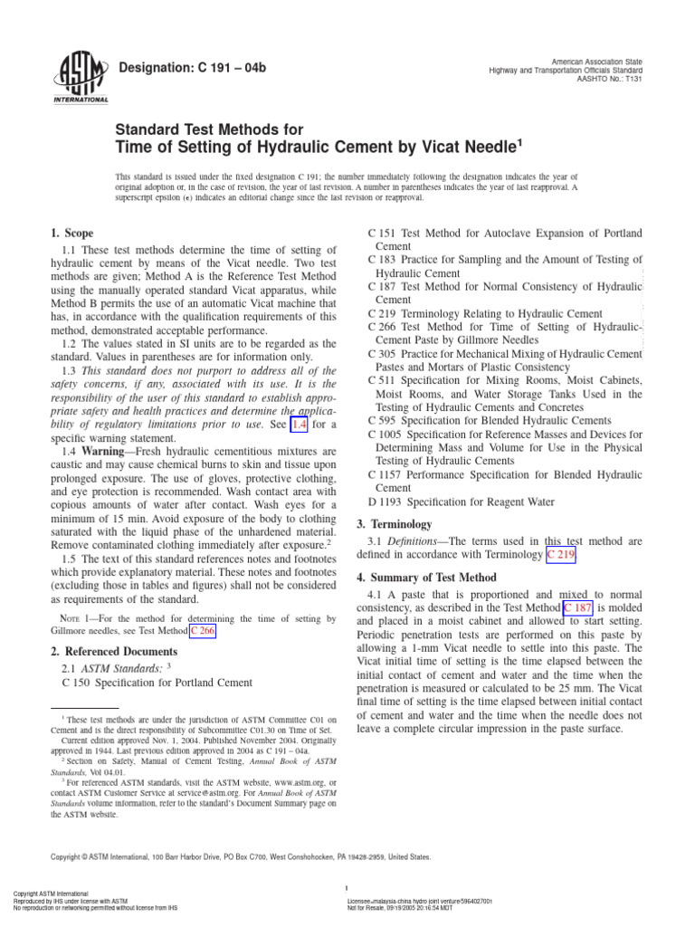 Astm C 191 | PDF | Cement | Concrete