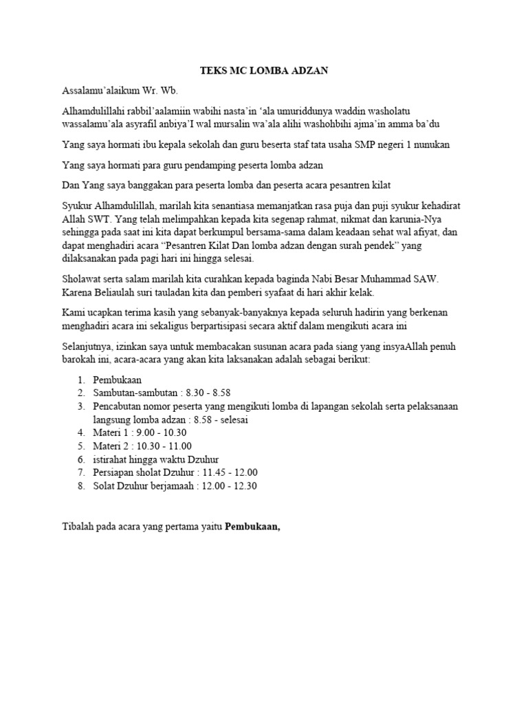Script MC Susunan Acara Pesantren Kilat | PDF | Karier & Perkembangan ...