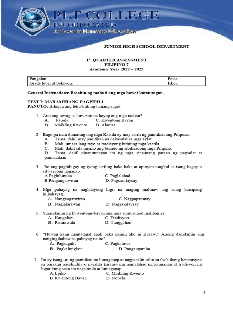 1ST Quarter Exam G7 | PDF