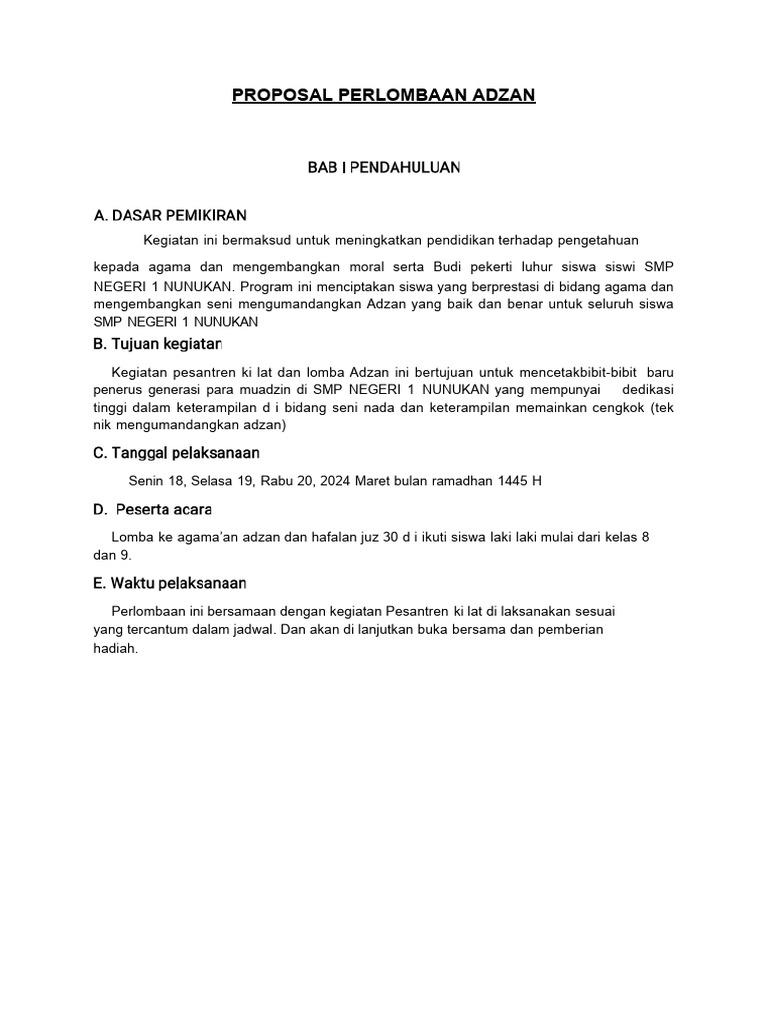 Proposal Pesantren Kilat Dan Lomba Adzan SMPN 1 Nunukan | PDF