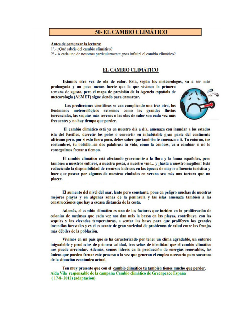 ANIMACIÓN A LA LECTURA EL CAMBIO CLIMÁTICO | PDF