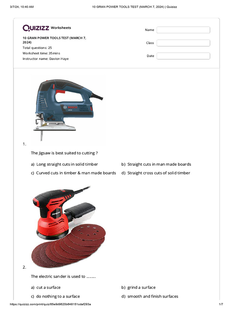 Power Tools Quiz for Students | PDF | Crafts | Woodworking