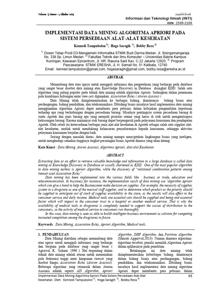 Implementasi Data Mining Algoritma Apriori Pada Sistem Persediaan Alat-Alat Kesehatan | PDF