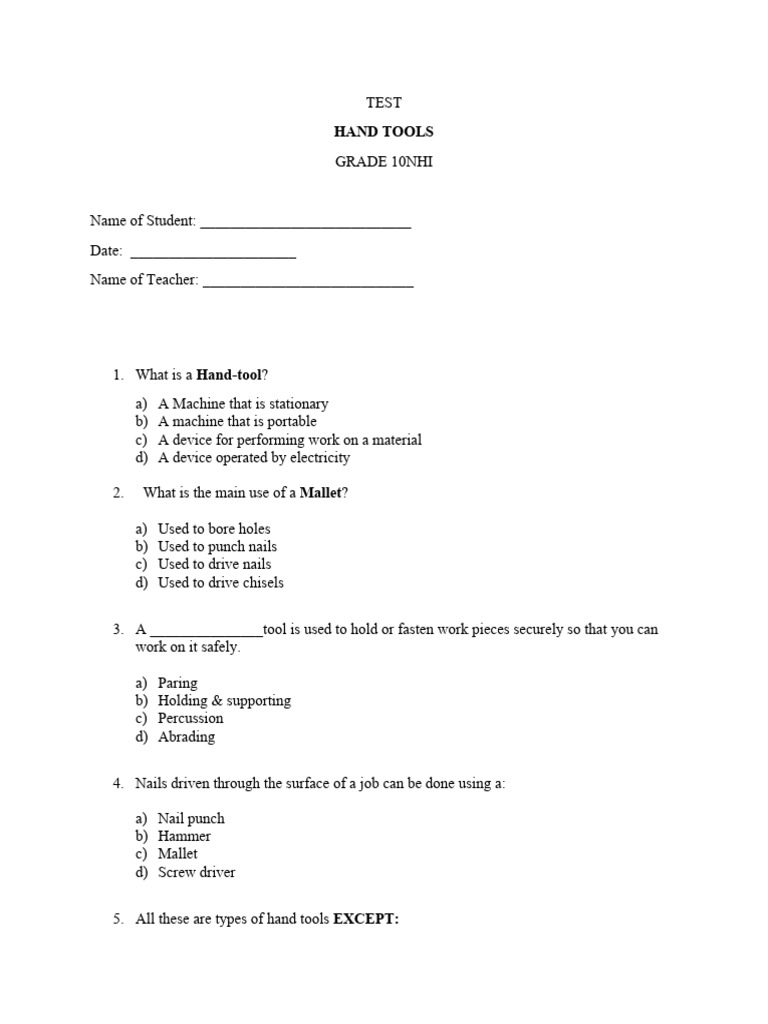 Grade 10 Hand Tools Quiz | PDF | Computers