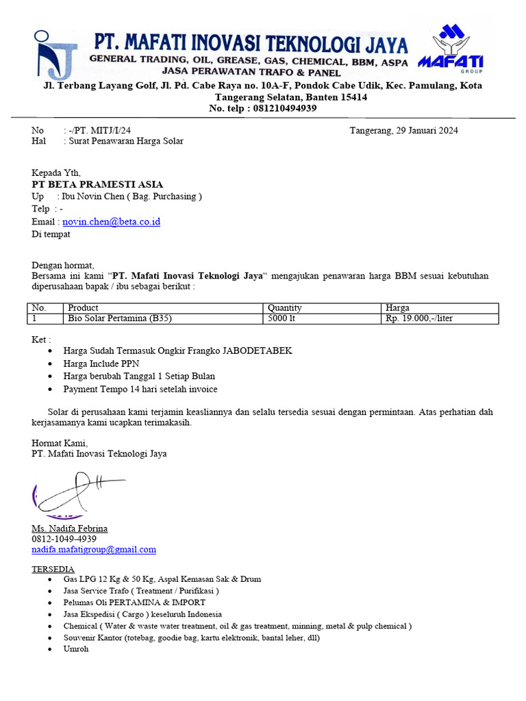 Penawaran Harga Solar - PT BETA PRAMESTI ASIA | PDF