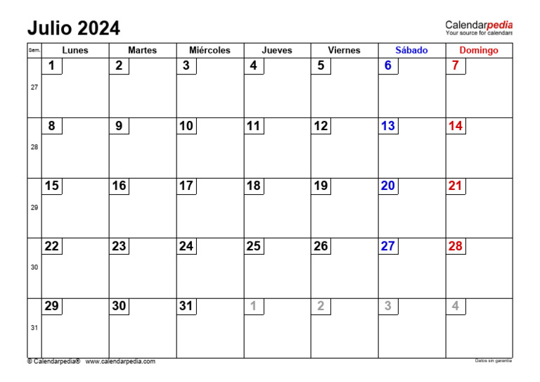 Calendario Julio 2024 Espana Horizontal Cifras Pequenas | PDF