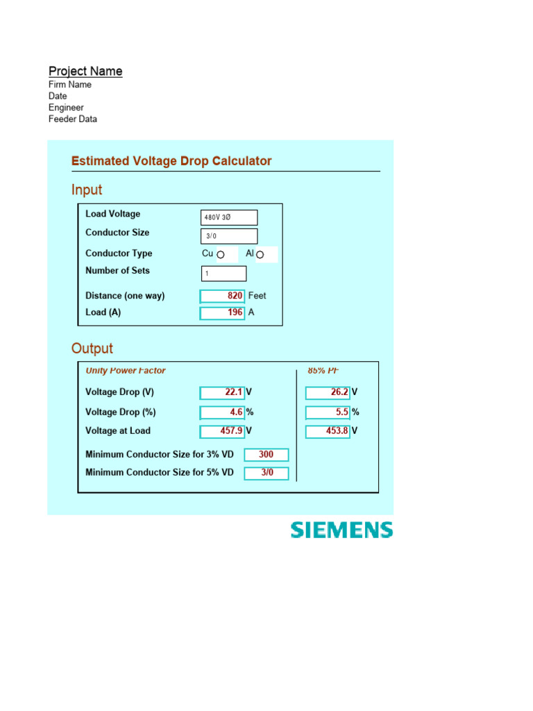 Estimated Voltage Drop Calculator 1 1 SIEMENS | PDF | Electrical ...