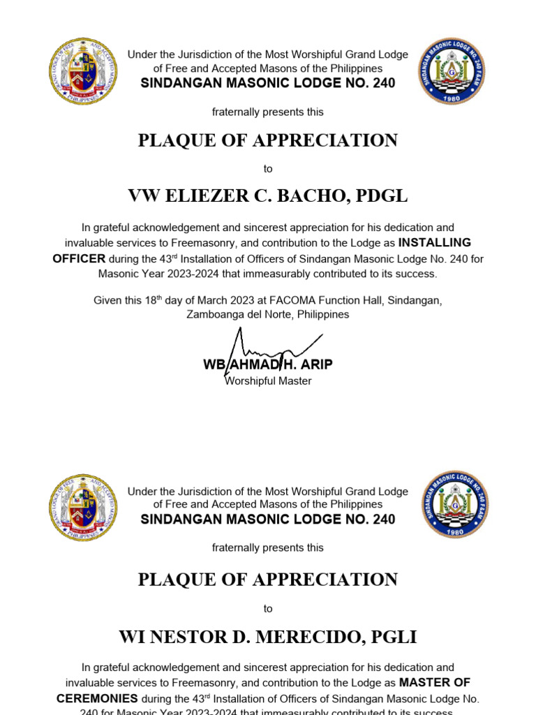 Sindangan Masonic Lodge Awards 2023 | PDF | Freemasonry | Masonic Lodge