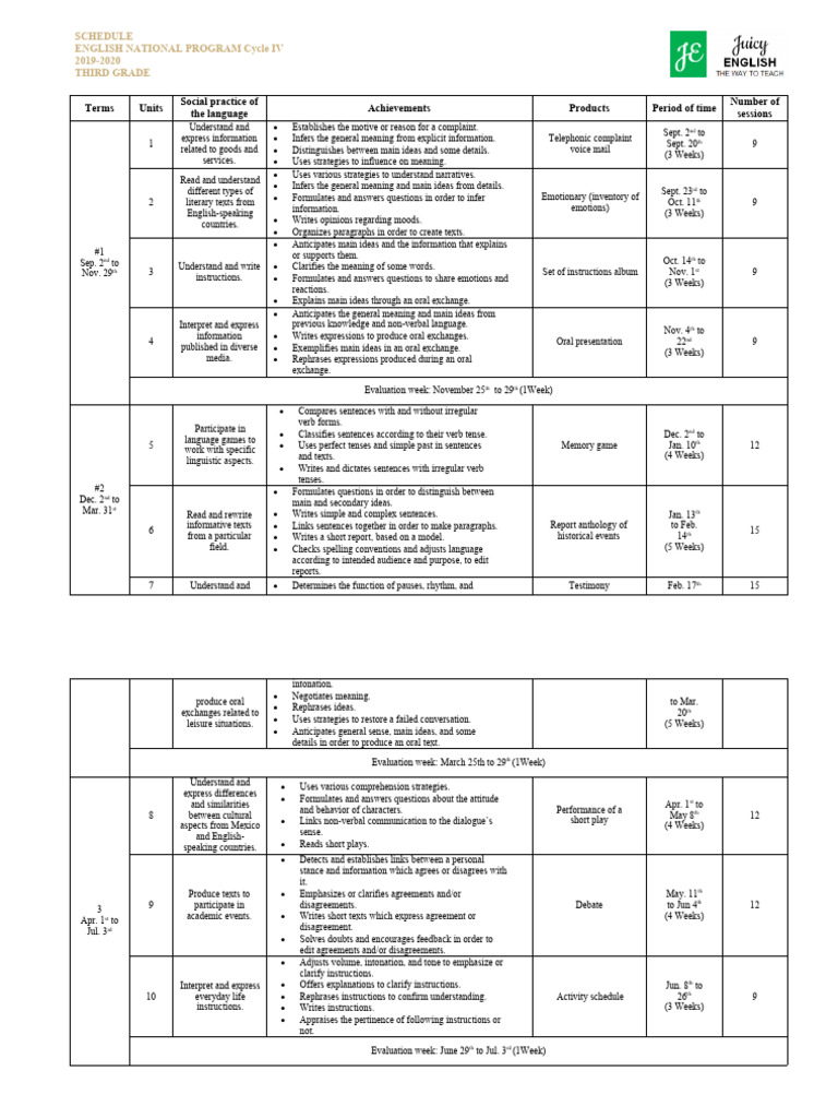 Academic Schedule For Third Grade 2019-2020 | PDF | Verb | Information