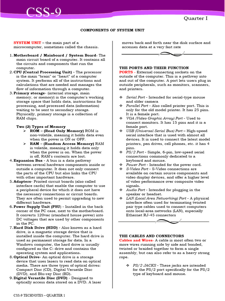 Electronic Components of A System Unit | PDF | Computer Data Storage | Electrostatic Discharge