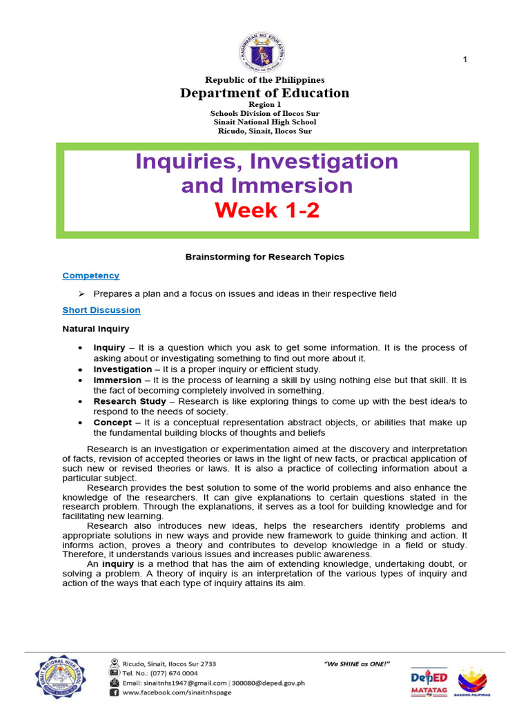 Inquiries, Investigation and Immersion: Week 1-2 | PDF