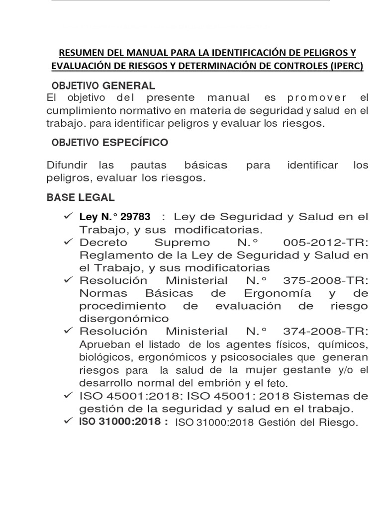 RESUMEN DEL MANUAL PARA LA IDENTIFICACIÓN DE PELIGROS Y EVALUACIÓN DE RIESGOS Y DETERMINACIÓN DE ...