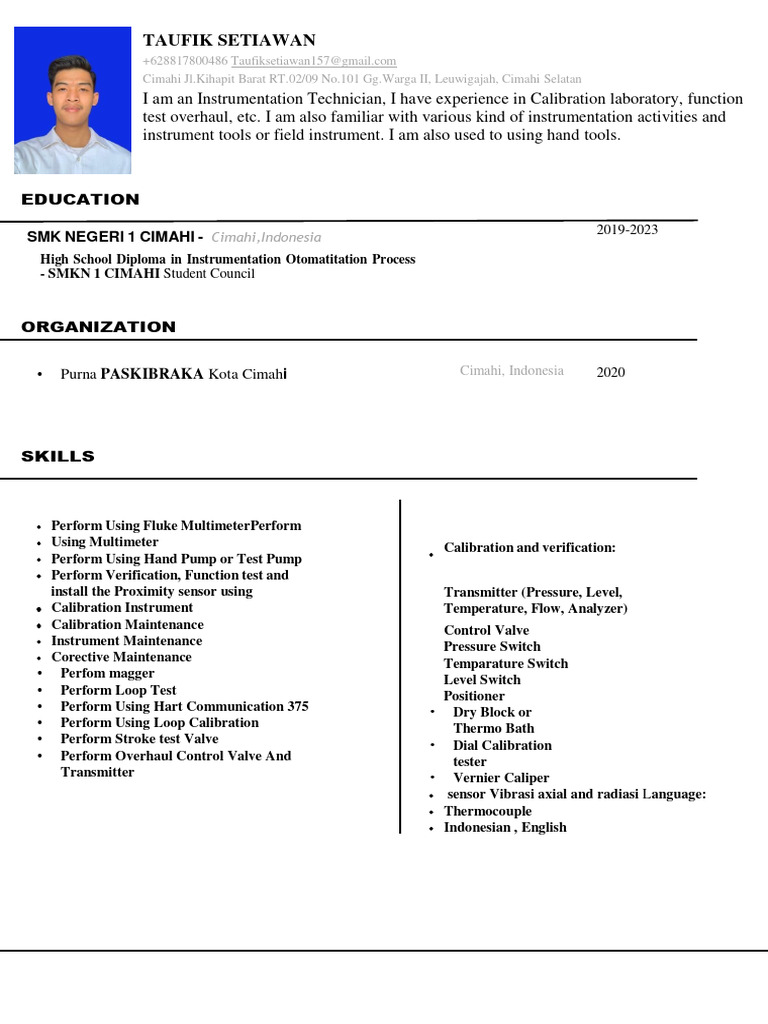 CV Taufik Setiawan New | PDF | Calibration | Measuring Instrument