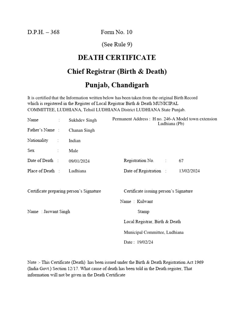 Death Certificate Format Punjab | PDF
