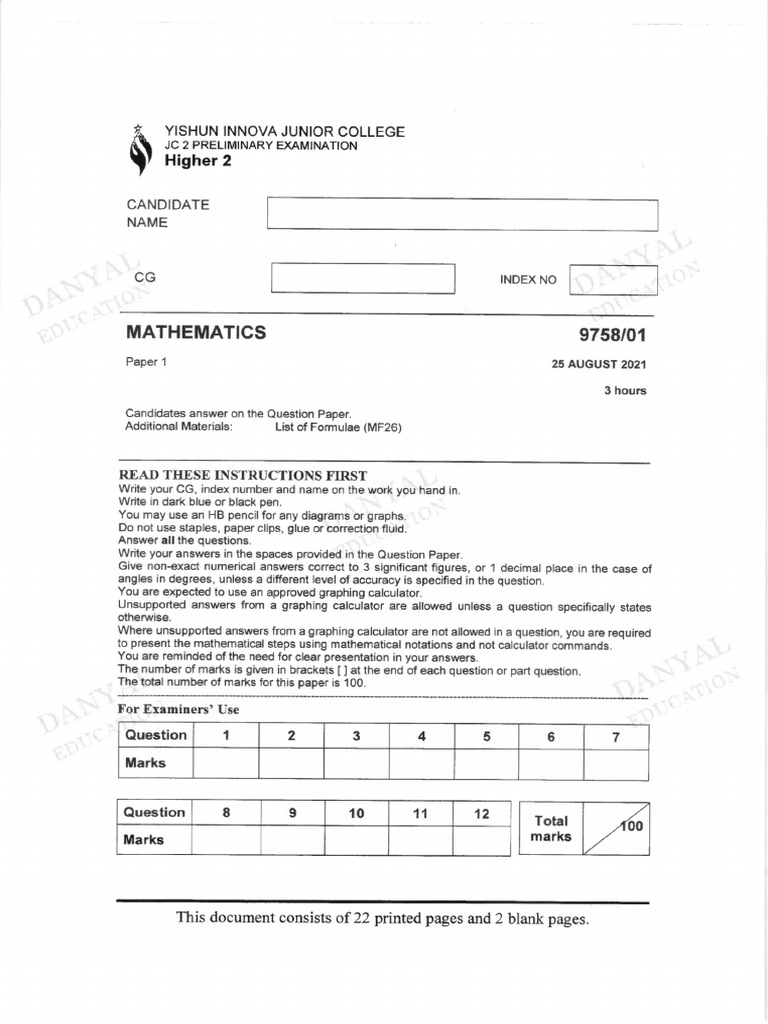 Yishun Innova JC Prelim 2021 H2 Math | PDF | Sphere | Numbers