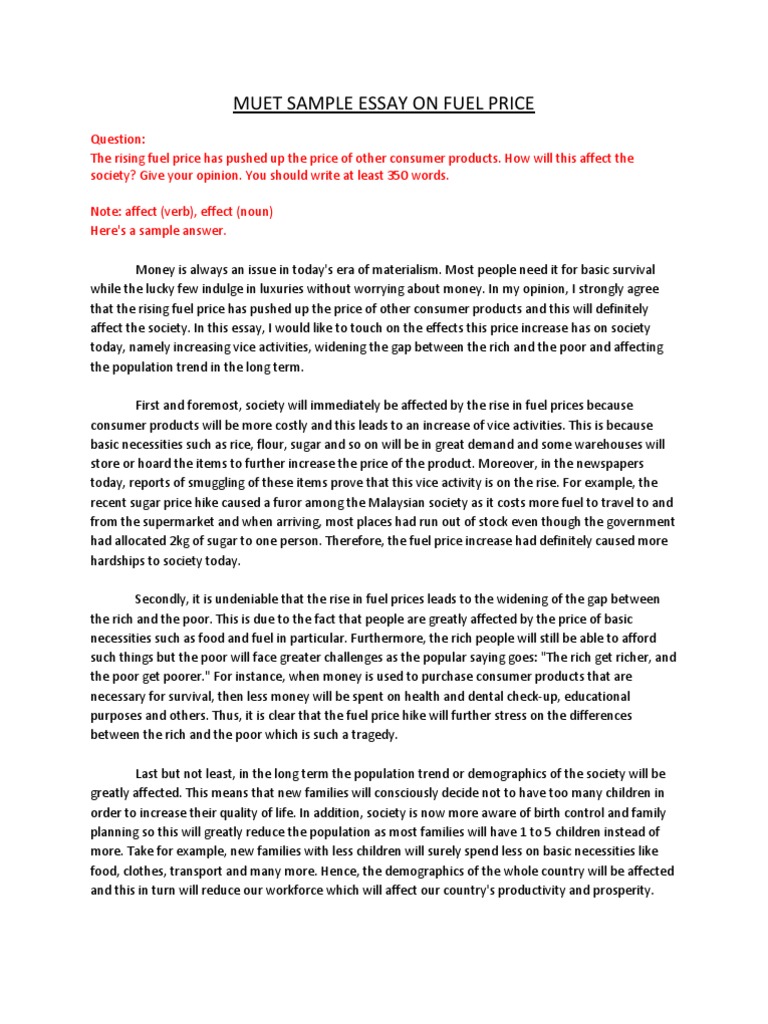 Muet Sample Essay On Fuel Price | PDF | Family Planning | Foods