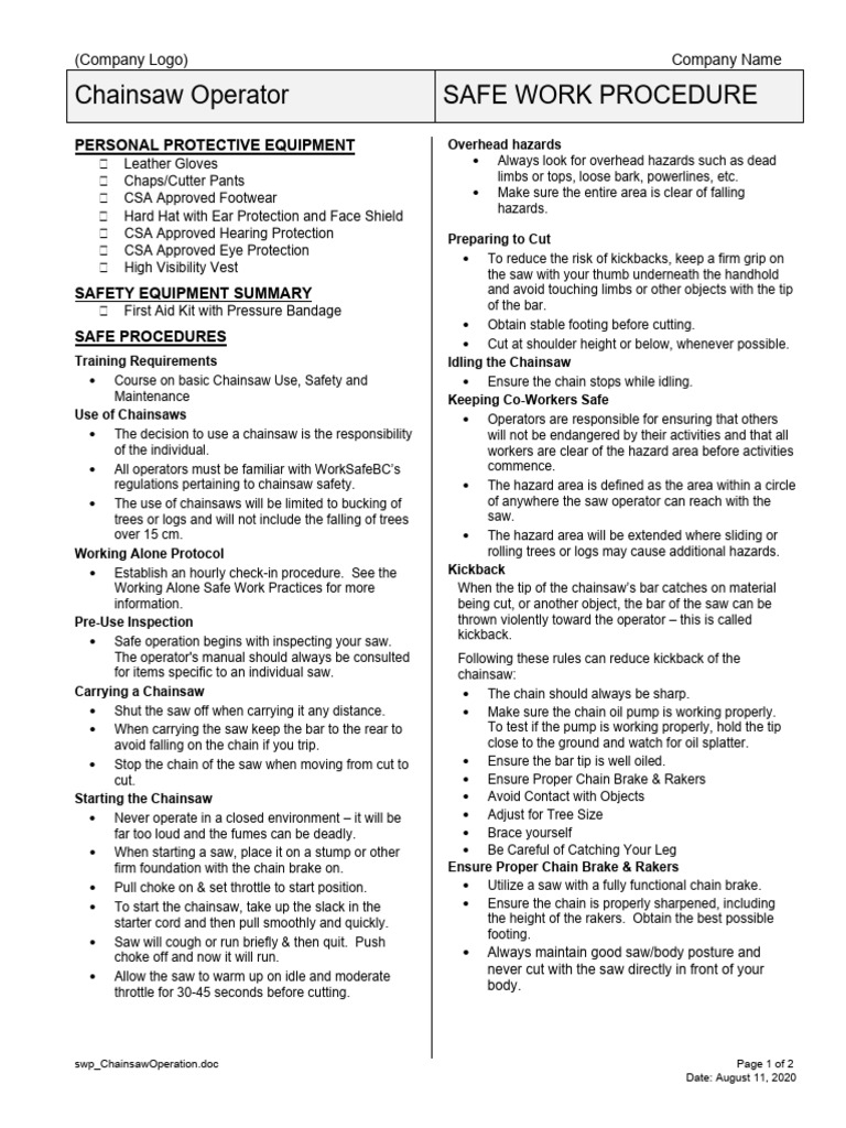 Swp Chainsawoperation Pdf Equipment Manufactured Goods