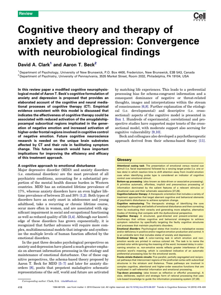 Cognitive Theory and Therapy of Anxiety and Depression Convergence With Neurobiological Findings ...