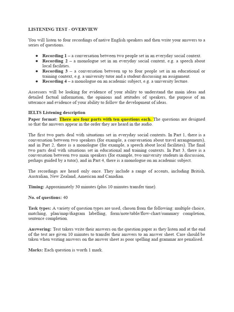 Overview - Listening Test | PDF | International English Language ...