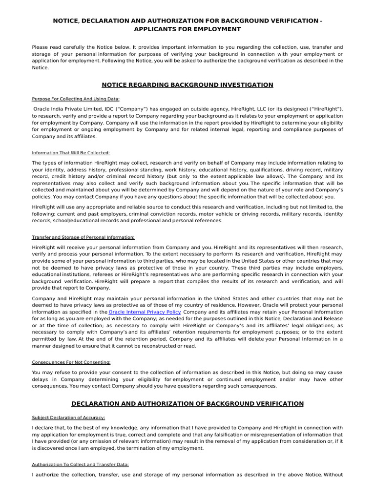 Notice, Declaration and Authorization For Background Verification - Applicants For Employment ...