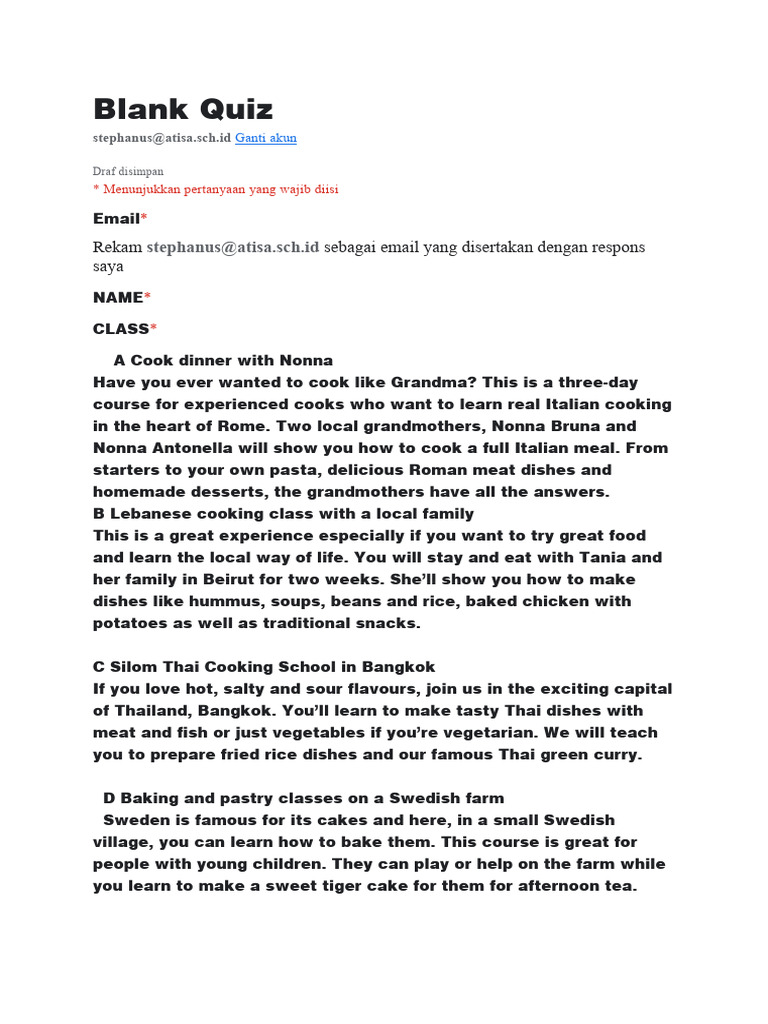 Blank Quiz | PDF | Cooking | Meal