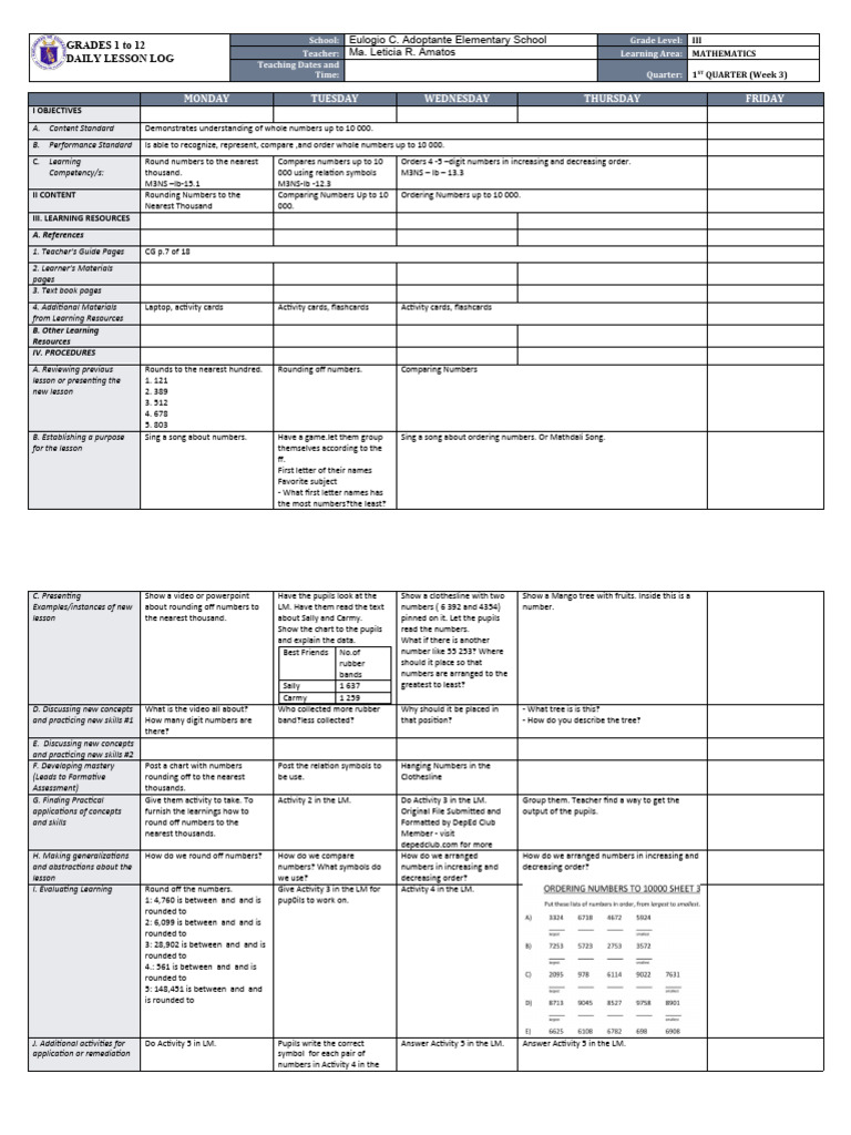 DLL Mathematics 3 q1 w3 | PDF | Learning | Behavior Modification