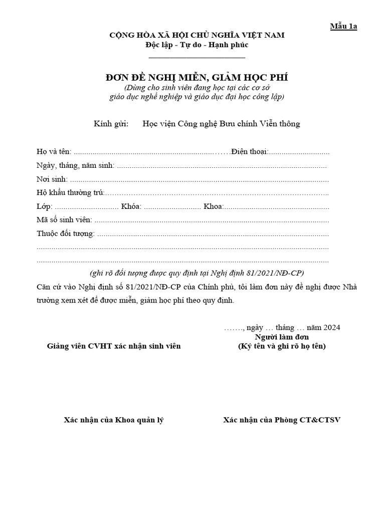 Các biểu mẫu miễn giảm học phí | PDF