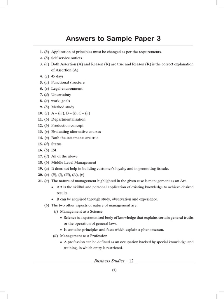 Cbse Cl12 Ead Business Studies Answers To Sample Paper 3 | PDF