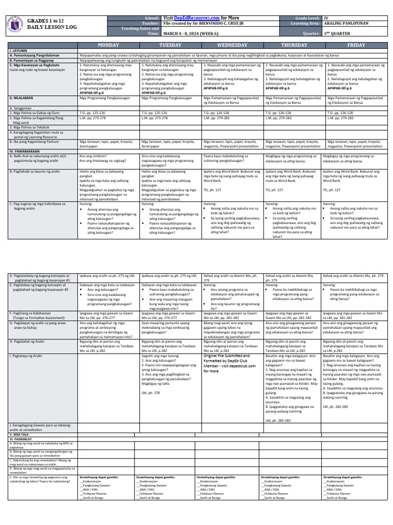 DLL - Araling Panlipunan 4 - Q3 - W6 | PDF
