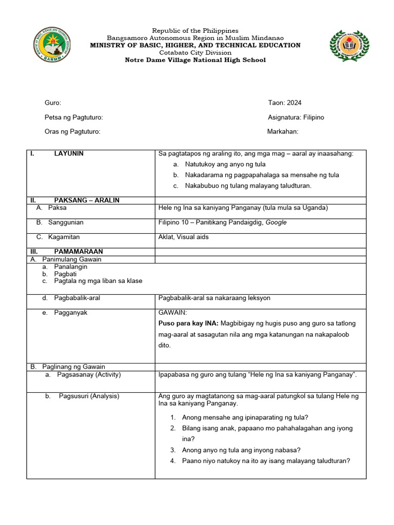 DLP4 - FIL10 (Hele NG Ina Sa Kaniyang Panganay) | PDF