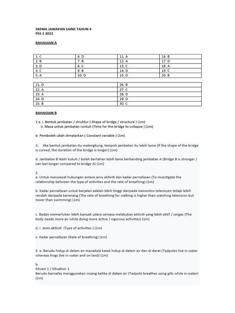 Skema Jawapan Sains Tahun 4 PSS2 2022 | PDF