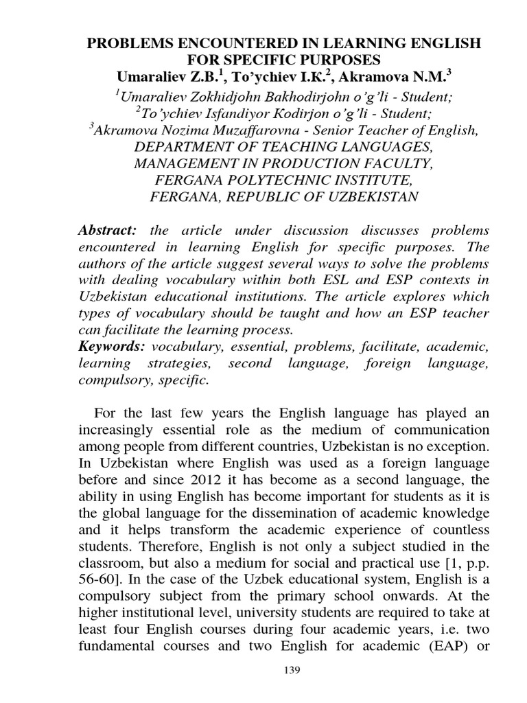 Problems Encountered in Learning English For Specific Purposes | Download Free PDF | English As ...